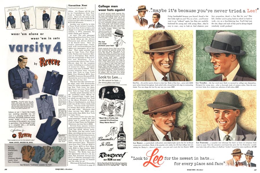 Advertisement: Lee Hats | Esquire | OCTOBER, 1952