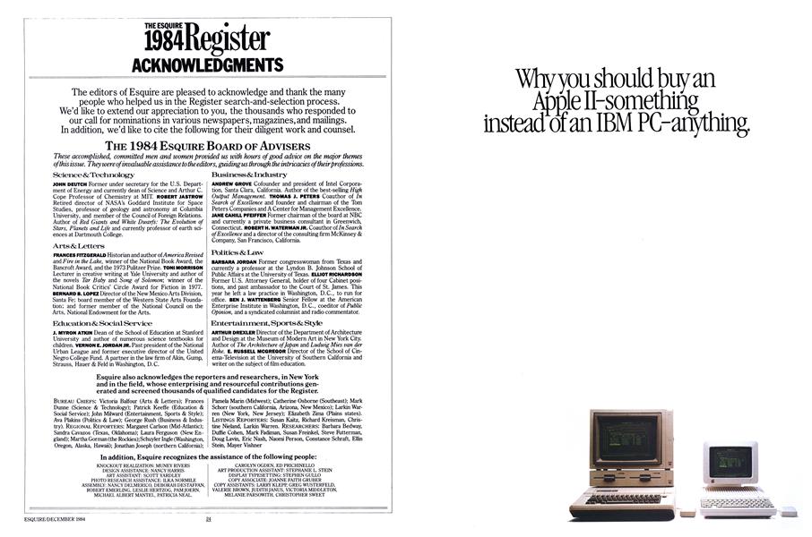 Acknowledgments | Esquire | DECEMBER 1984