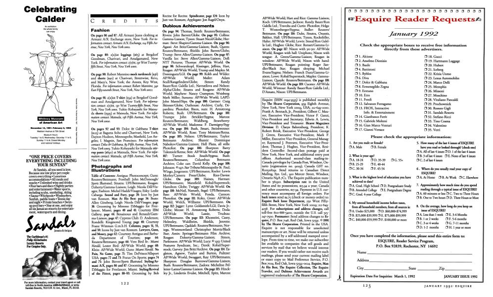 Credits | Esquire | JANUARY 1992